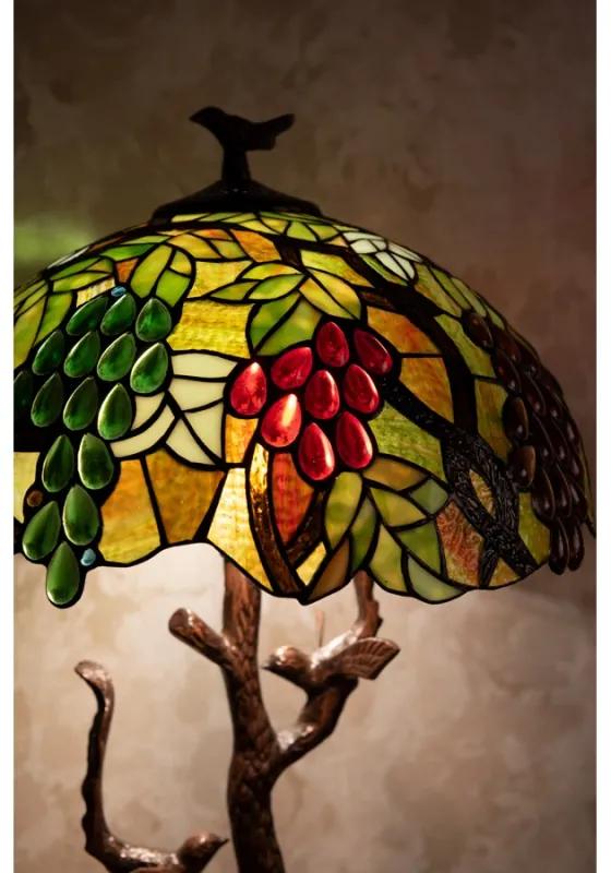 Zelená stolní lampa Tiffany s hroznovým vínem a ptáčky Leroy – 40x60 cm