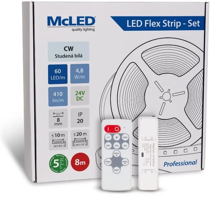 Led pásek mcled set led pásek 8 m s ovladačem, cw, 4,8 w/m