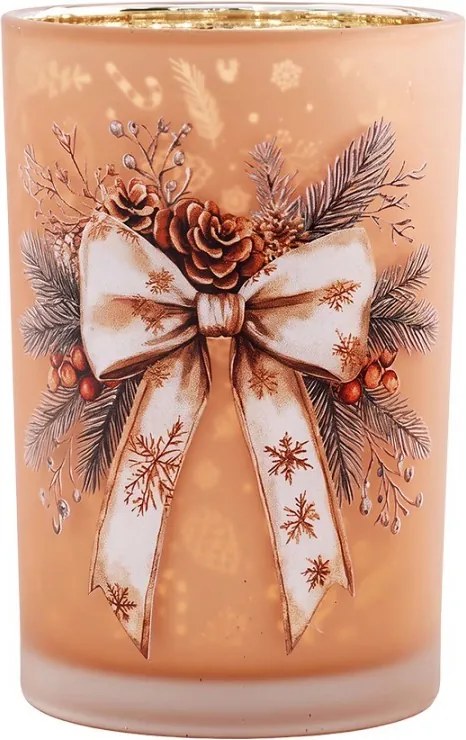Elegantní vánoční skleněný svícen s mašlí L – Lososový - Ø 12*18 cm