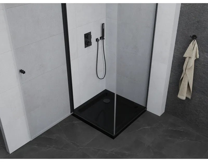 Mexen Pretoria, sprchový kout 70 (dveře) x 70 (stěna) cm, 6mm čiré sklo, černý profil + černá sprchová vanička, 852-070-070-70-00-4070B
