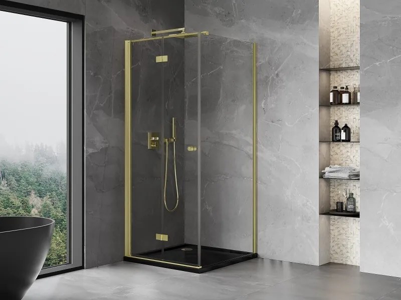 Mexen Mist-F T, 1-křídlý ​​skládací sprchový kout levý 80 x 80 cm, čiré sklo, zlatý matný profil, 8A6T-080-080-55-00-L