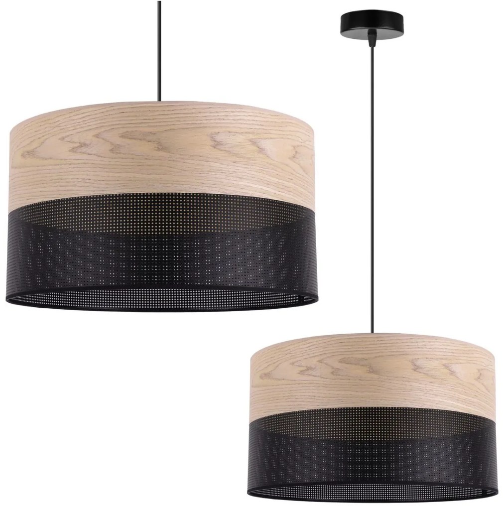 Závěsné svítidlo Wood, 1x béžová dubová dýha/černé plastové stínítko, (fi 40cm)