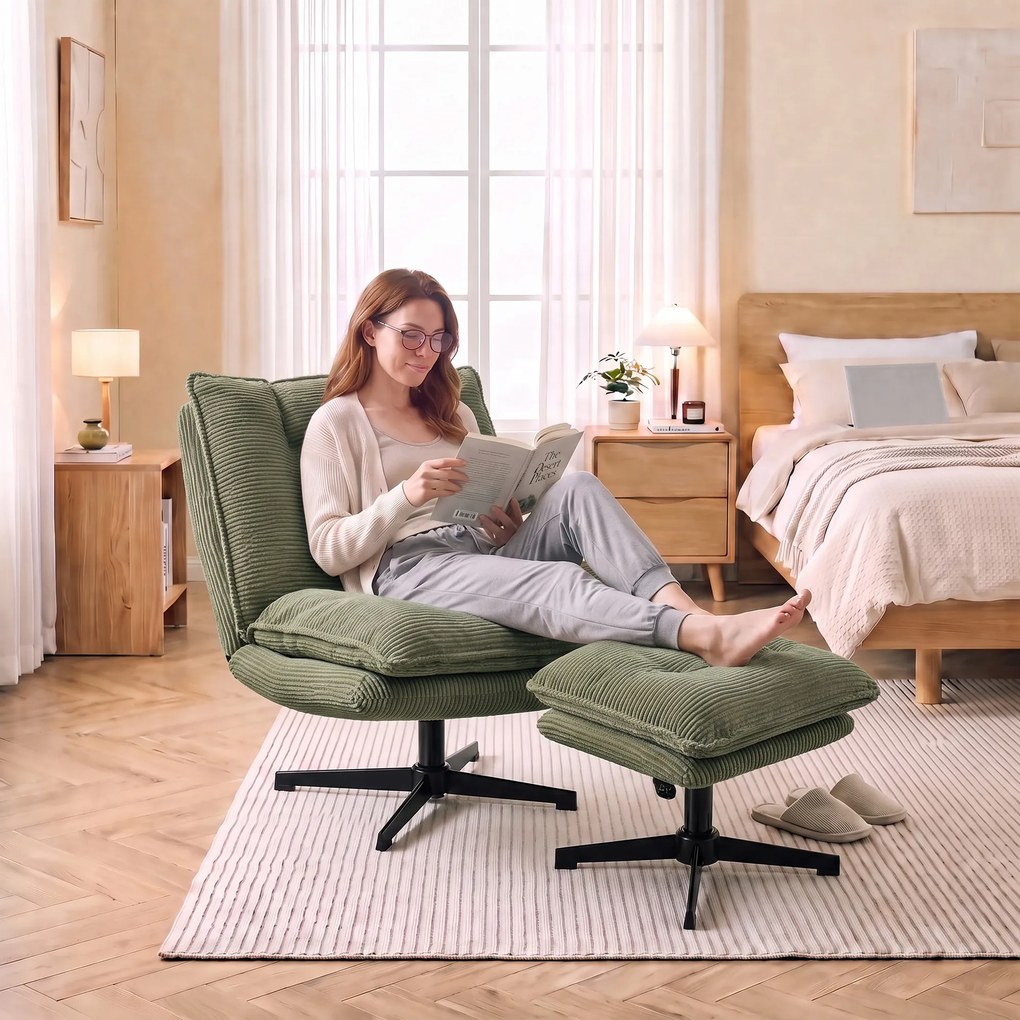 HOMCOM Lounge křeslo s podnožkou, otočné o 360°, potah z kordury, nastavitelná opěrka nohou, zelené