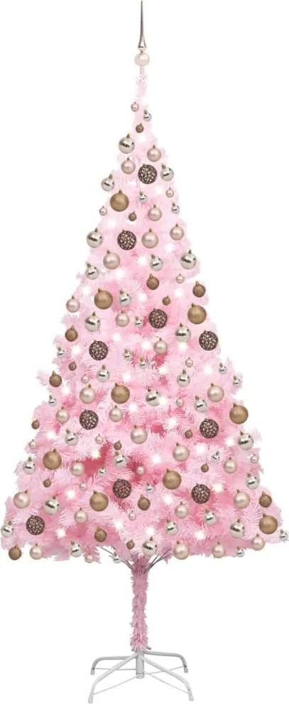 vidaXL Umělý vánoční stromek s LED a sadou koulí 240 cm PVC [3077506] Barva: Stříbrná a růžová
