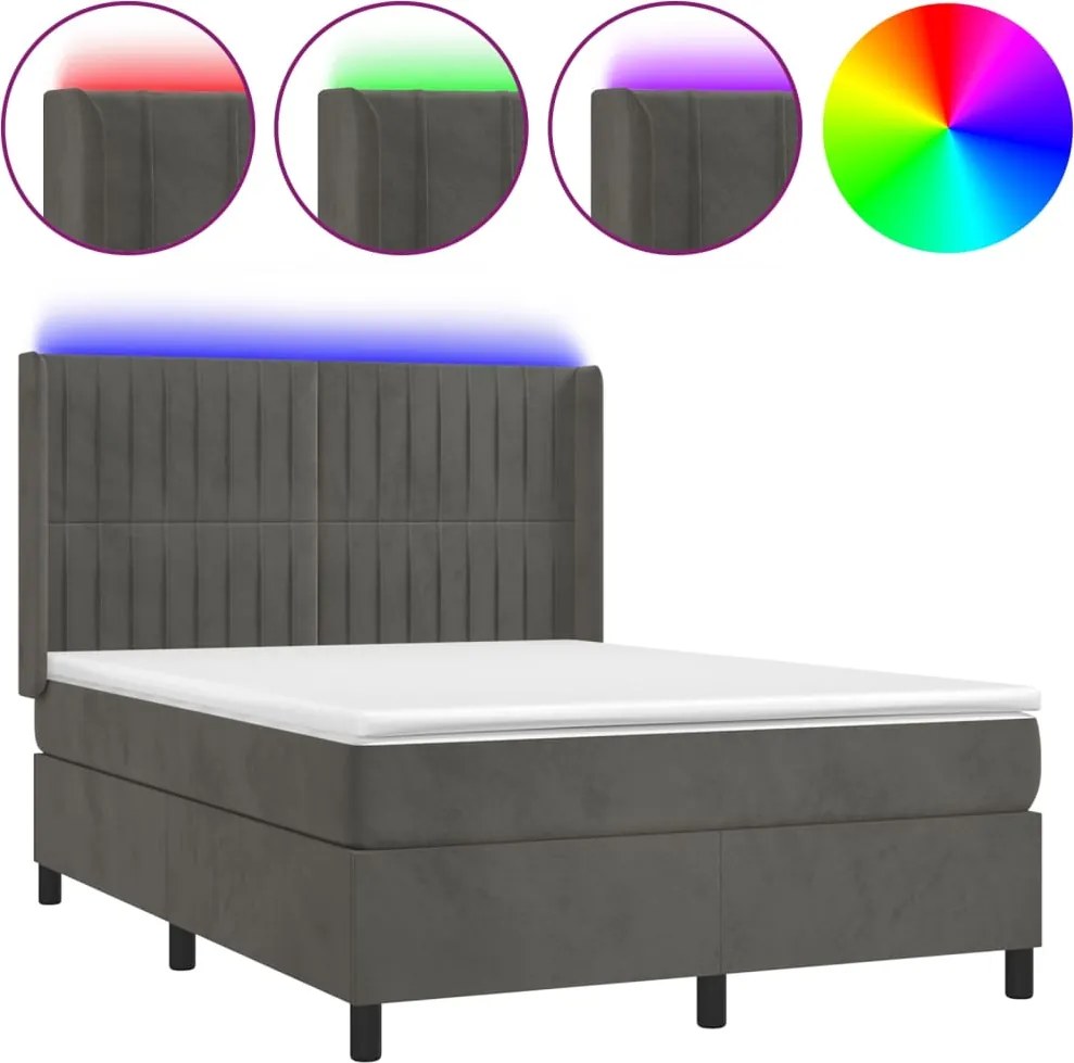 Box spring postel s matrací a LED tmavě šedá 140x200 cm samet 3139686