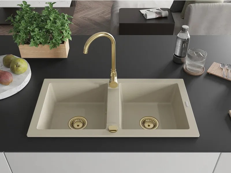 Mexen Mario, granitový dřez 820x436x161 mm, 2-komorový, béžová se zlatým sifonem, 6504822000-69-G
