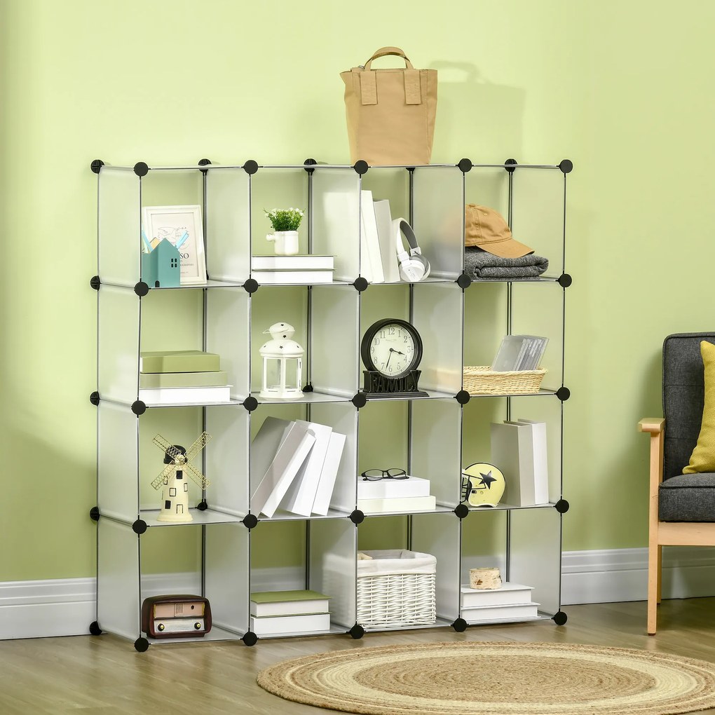HOMCOM DIY kostkový policový systém 16 kostek úložný box plastová skříňka bílá 125x32x125cm ideální pro dětský pokoj a obývací pokoj | Aosom.de