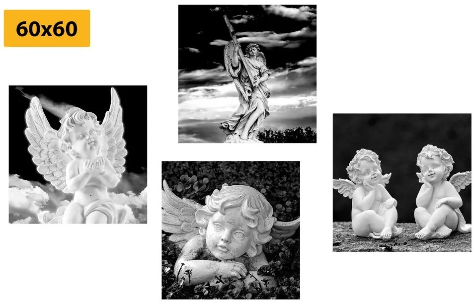 Set obrazů andílky v černobílém provedení
