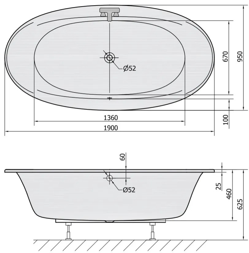 Polysan STADIUM oválná vana 190x95x46cm, bílá, 82111