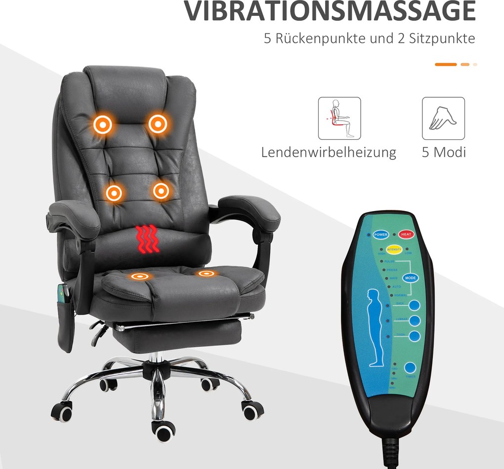 Kancelářská židle Vinsetto s masážní a vyhřívací funkcí, ergonomická, 6 masážních bodů, podnožka, dálkové ovládání, polyester, 65 x 160 x 104 cm, šedá