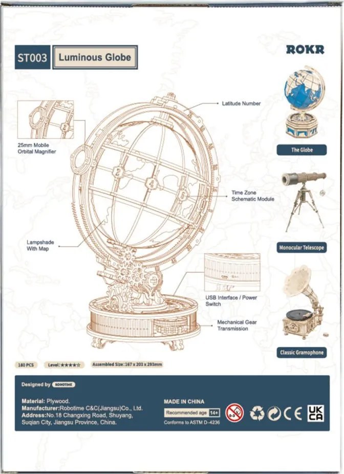 Hračka Robotime 3D dřevěné mechanické puzzle Svítící glóbus [6950313]