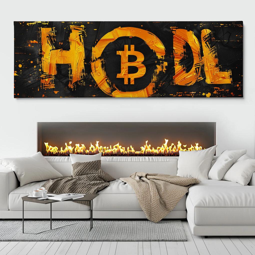 Obraz na plátně - Bitcoin, HODL FeelHappy.cz Velikost obrazu: 90 x 30 cm