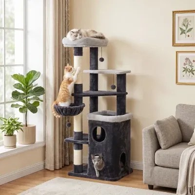 PawHut Kočičí škrabadlo 148 cm s dvoupatrovou jeskyní, 2 postýlky, houpací síť, sisalový sloupek, 3 míčky, tmavě šedá