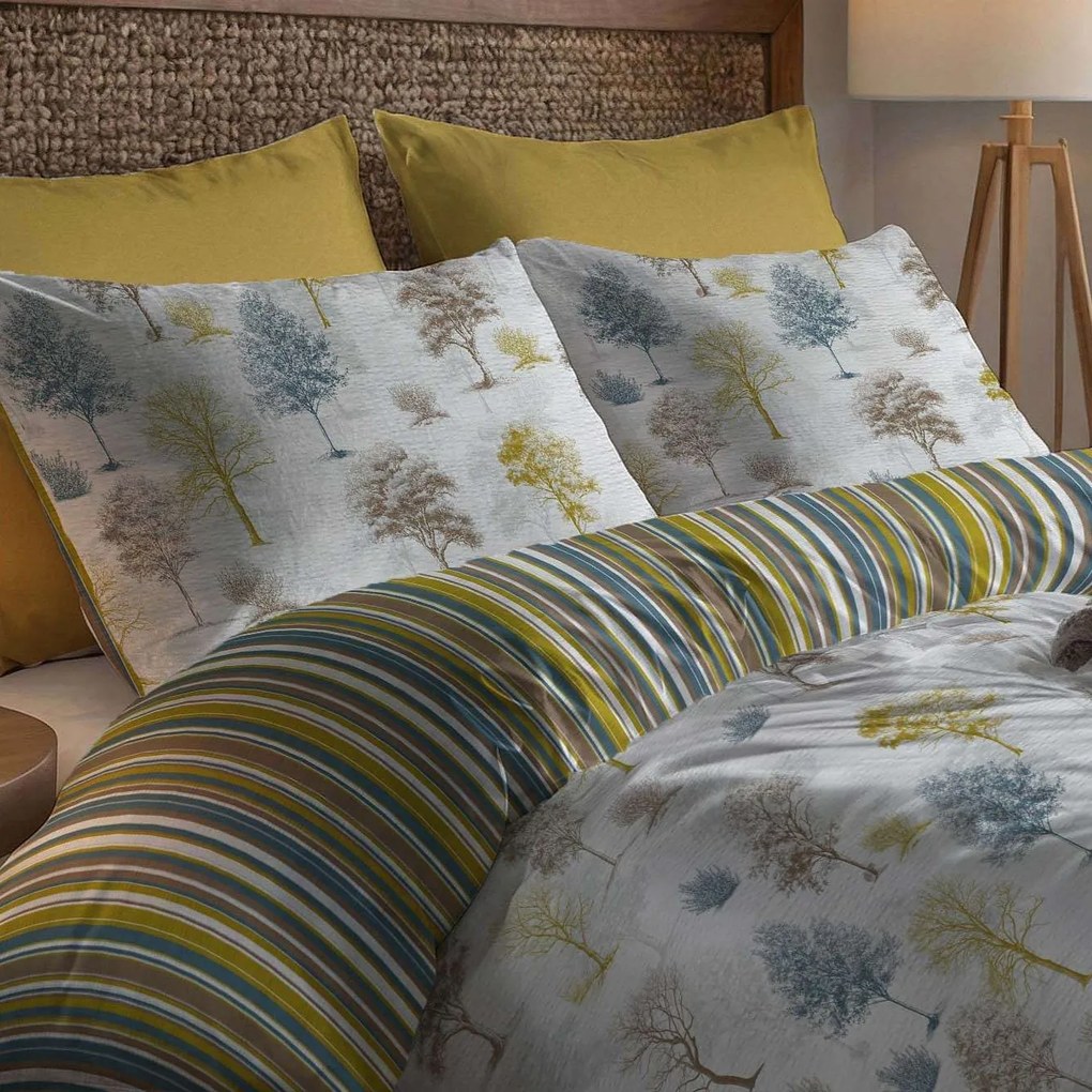 Krepové prodloužené povlečení Stíny stromů s pruhem - barevné Velikost: 140 x 220 + 70 x 90
