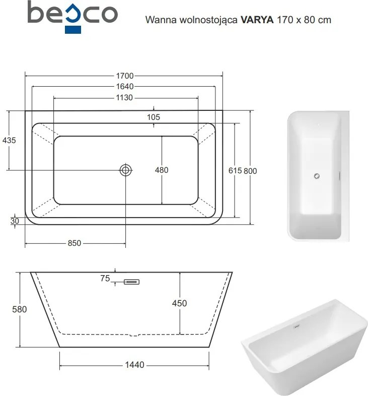 Besco Varya volně stojící vana 170 x 80 cm zlatý sifon akrylát bílá VANVARYA170Z