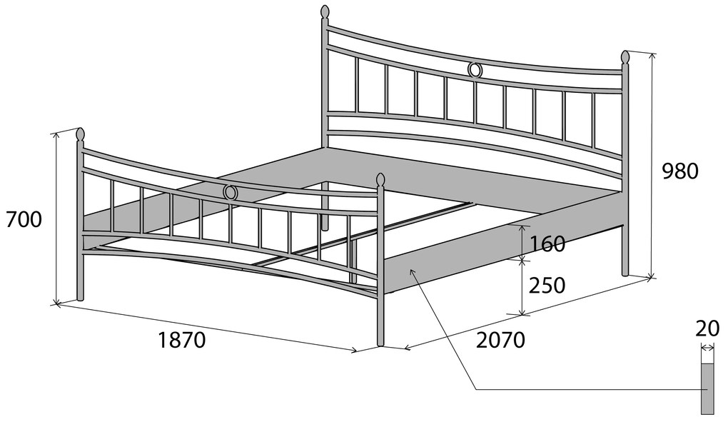 Nábytek ATIKA s.r.o. Kovová postel MARIANA Barevne provedení: stříbrná RAL 9006, Rozměr: 100 x 200 cm
