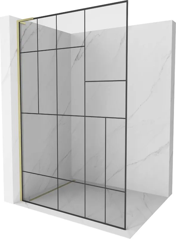 Mexen Kioto L, sprchová zástěna Walk-In 70 x 200 cm, 8mm čiré sklo černý vzor, ​​zlatý matný profil, 800-070-103-55-78