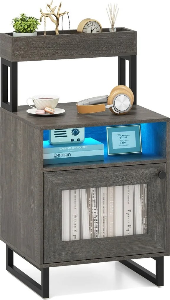 Costway Moderní noční stolek s LED osvětlením a horním tácem