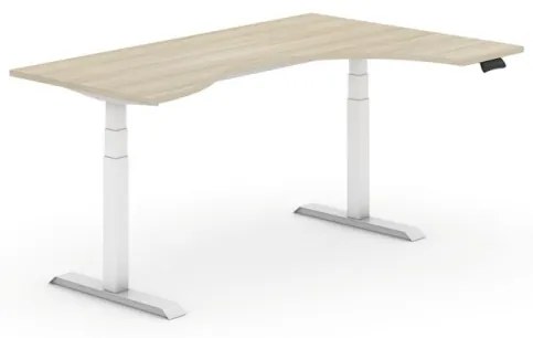 Výškově nastavitelný stůl, elektrický, 625-1275 mm, ergonomický pravý, deska 1800x1200 mm, dub, bílá podnož