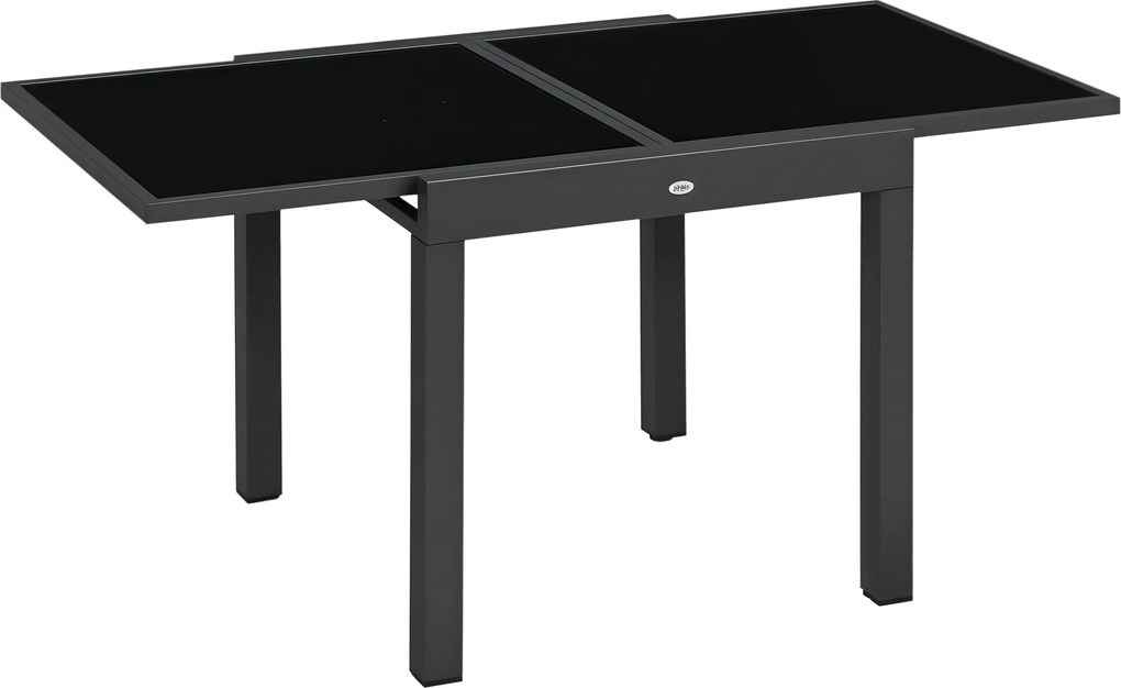 Rozkládací zahradní stůl Outsunny z hliníku s tvrzeným sklem pro 4-6 osob, nosnost 50 kg, rozměry 80-160x80x75 cm černý | Aosom