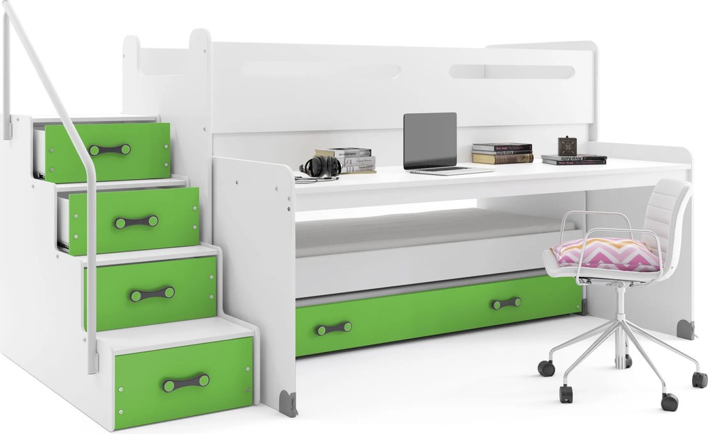 SMB Dětská patrová postel se stolem a šuplíky MAXI 3, 80x200+80x190 cm Barva šuplíku: Modrá