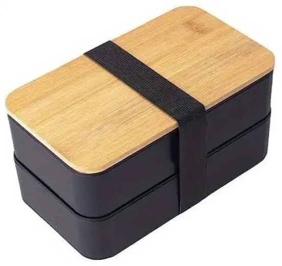 Svačinový box DUO LUNCH s příborem, černý/bambus