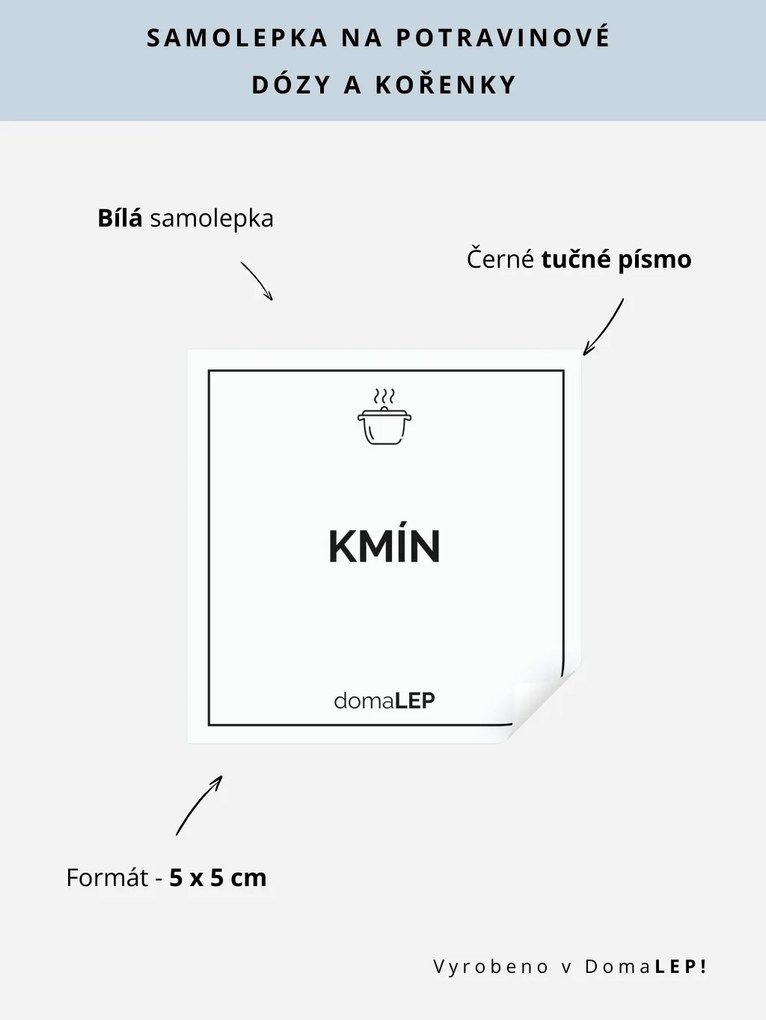 Samolepka na kořenky KMÍN bílá 5 × 5 cm tučné písmo