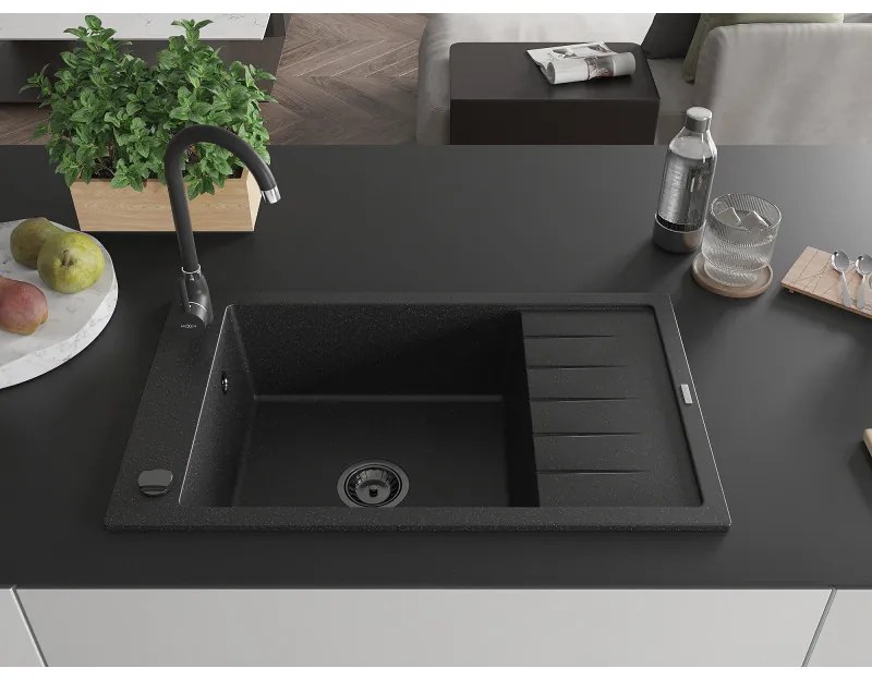 Mexen Elias, granitový dřez granitový 795x480x200 mm, 1-komorový, černá-stříbrná metalíza s černým sifonem, 6511791005-73-B