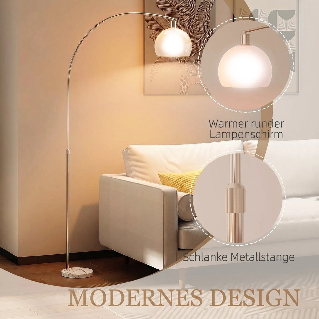 HOMCOM Stojací lampa, ohnutá hlava, nožní spínač, mramorový podstavec, plastový stínidlo, bílá