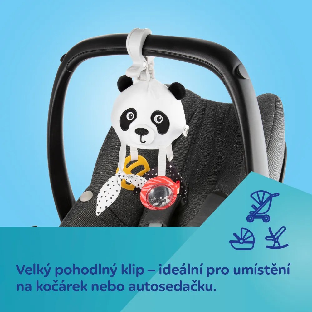 Canpol babies Senzorická závěsná cestovní hračka PANDA s klipem BabiesBoo