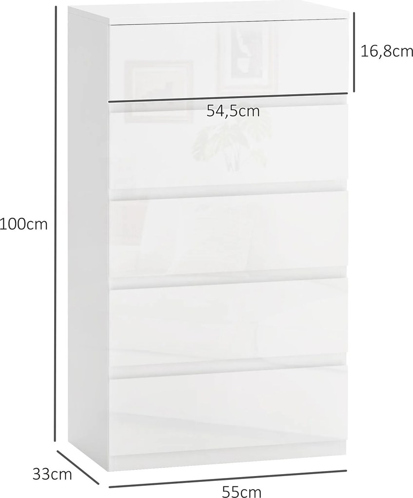 HOMCOM 5-zásuvkový komoda Moderní komoda se systémem proti převrhnutí pro obývací pokoj a chodbu 55x33x100 cm lesklá bílá