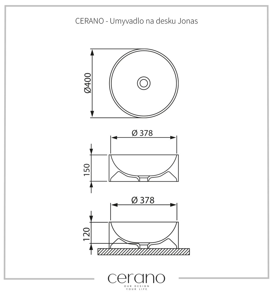 CERANO - Umyvadlo na desku z litého mramoru Jonas - bílá lesklá - ø 40 cm