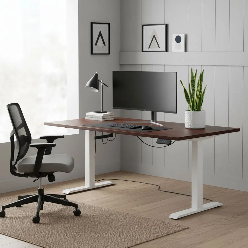 Výškově nastavitelný stůl OfficeTech D, 180 x 80 cm, bílá podnož, wenge