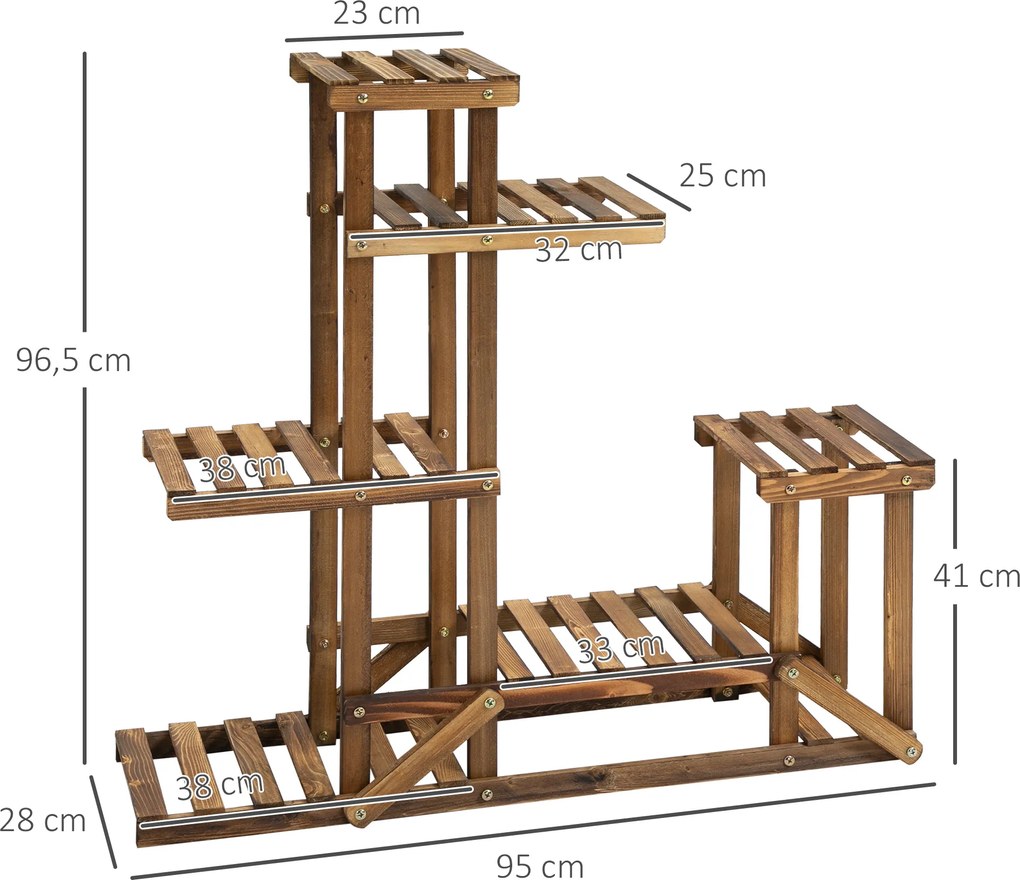 Outsunny police na rostliny z masivního dřeva, stojan na květiny, 6 úrovní, ohořelý, 98x28x96,5 cm, pro zahradu a balkon| Aosom