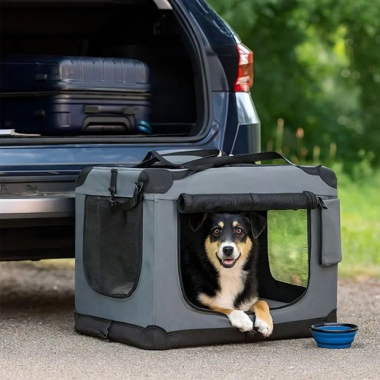 Skládací transportní box pro psy L s miskou a pelíškem, šedá