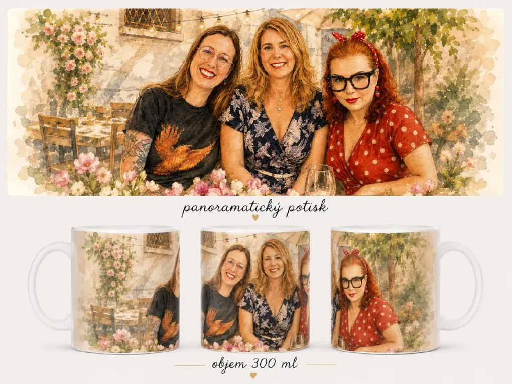 Hrnek s portrétem z vlastní fotografie – panoramatický potisk | 16 uměleckých stylů Styl portrétu:: Romantická ilustrace