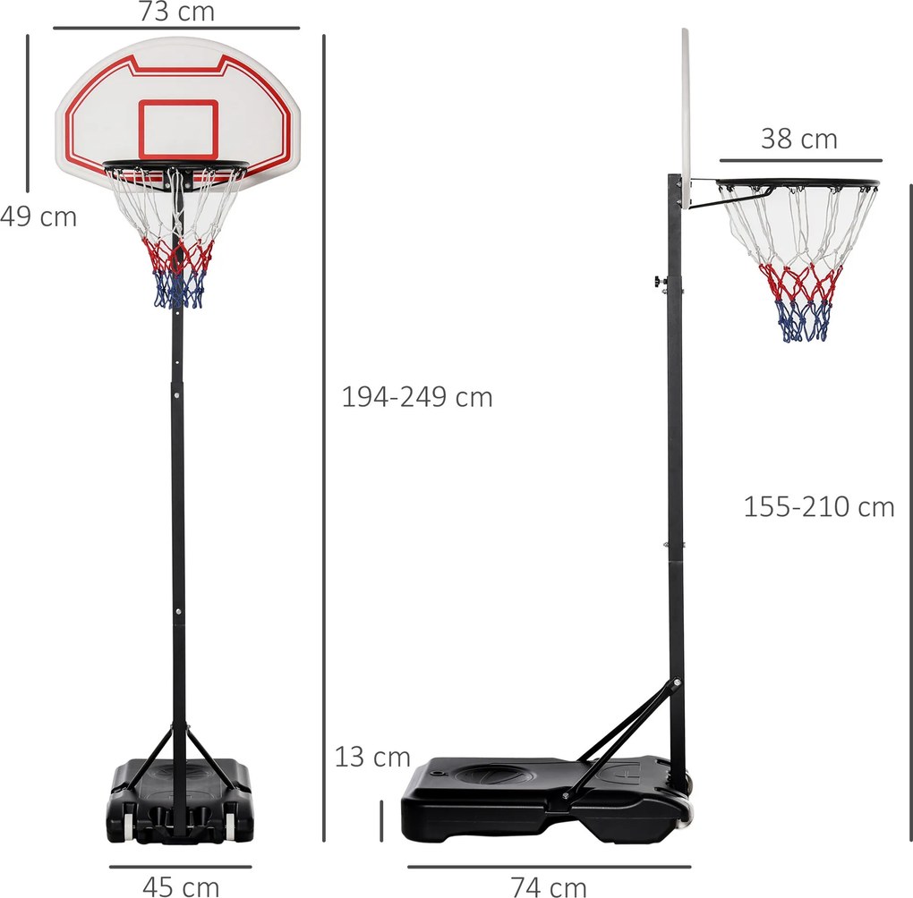 HOMCOM Basketbalový systém pro děti s nastavitelnou výškou 194-249 cm na kolečkách, plnitelný vodou, z PE a oceli v černé barvě pro zahradu a hřiště …