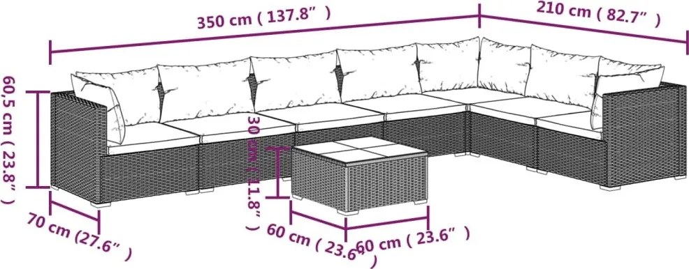 vidaXL 8dílná zahradní sedací souprava s poduškami polyratan [3101755] Barva: Černá a krémová