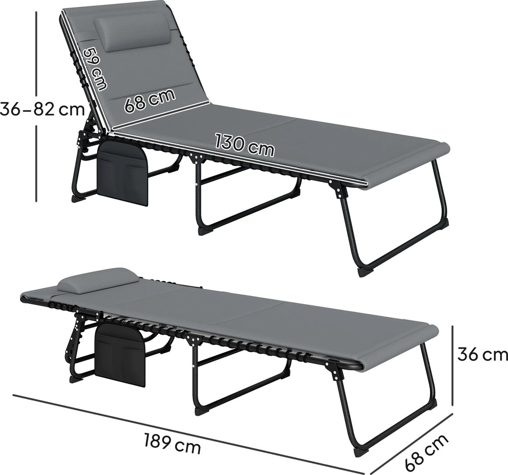 sada 2 skládacích lehátek Zahradní lehátko s polštářem pod hlavu 5polohové výškově nastavitelné opěradlo Boční kapsa Tmavě šedá barva