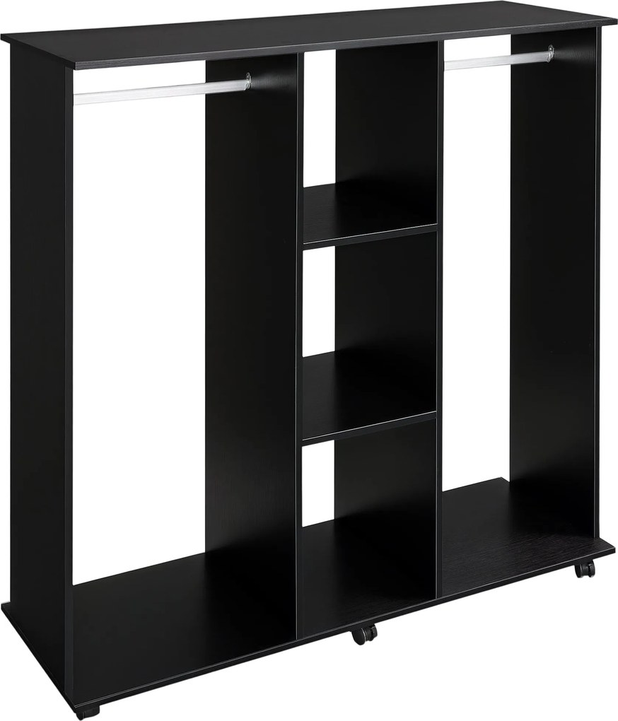 HOMCOM Skříň s kolečky - Oblečení, Skříň s závěsnou tyčí, Otevřené police, Organizér do ložnice 120x40x128cm Černá | Aosom