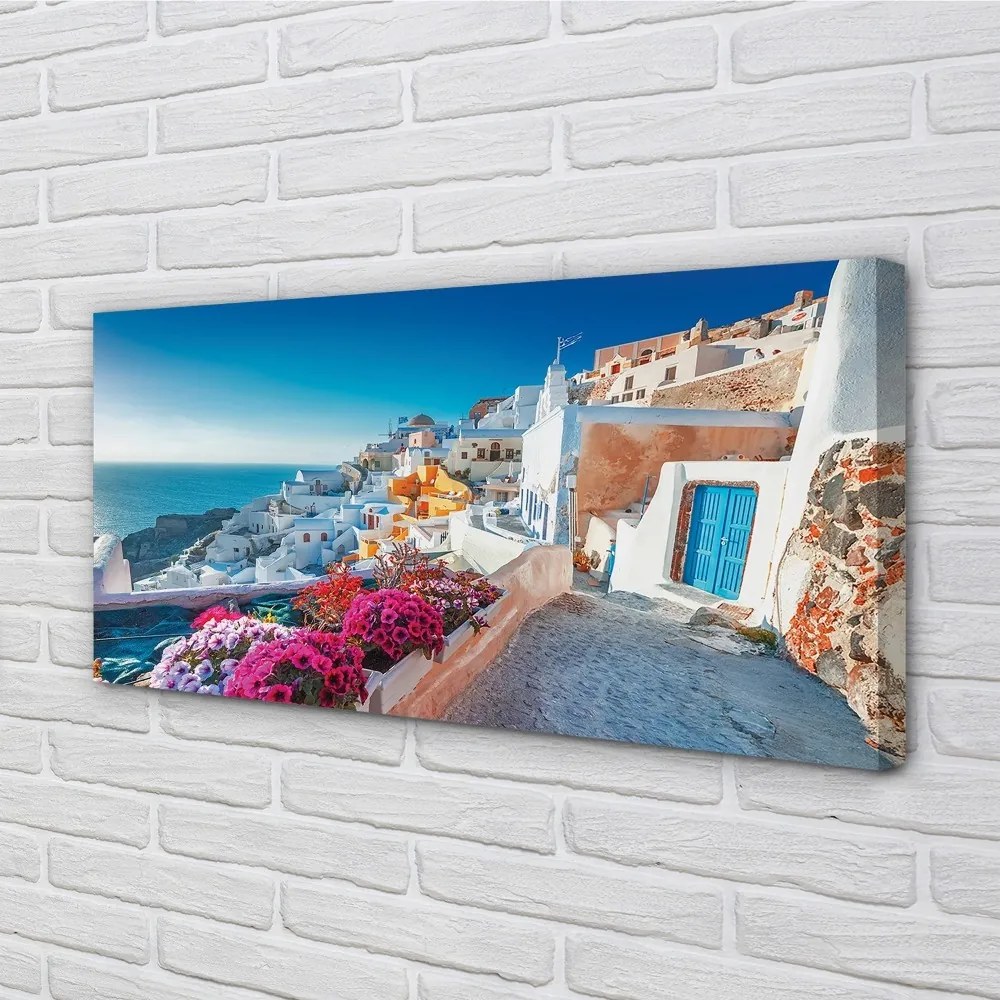 Obrazy na plátně Budovy Řecko mořské květiny 125x50 cm