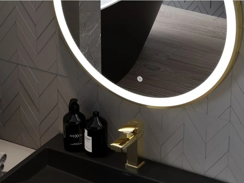 Mexen Esso kulaté podsvícené koupelnové zrcadlo, průměr 90 cm, LED 6000K, antifog, zlatý rám - 9825-090-090-611-50