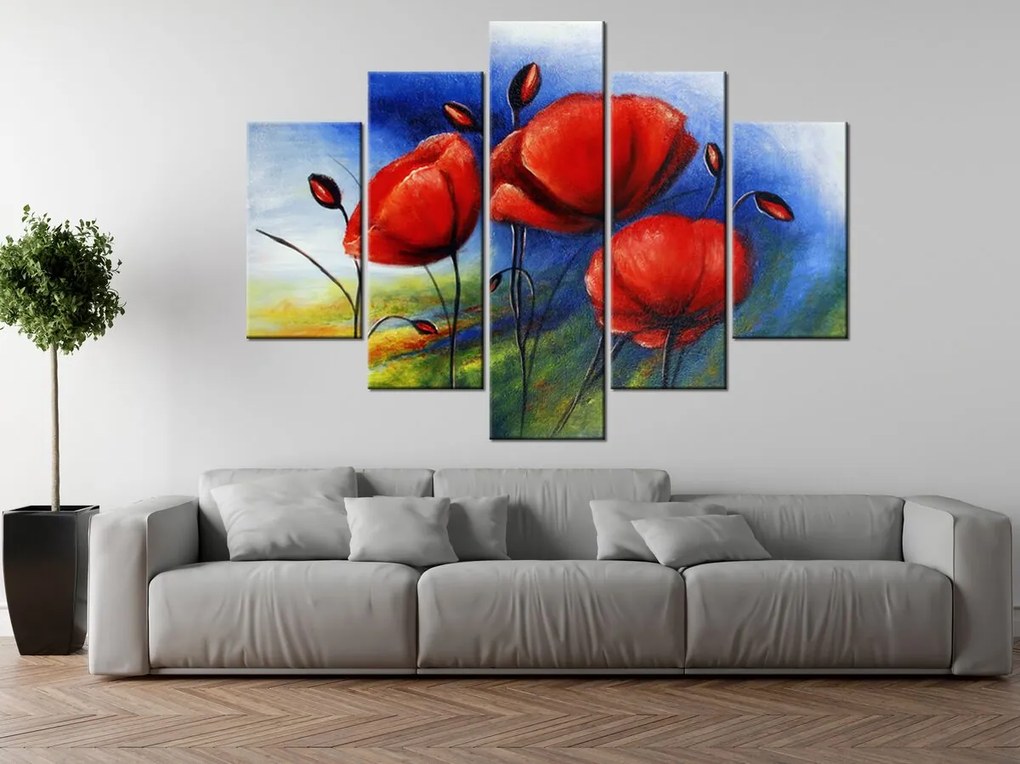 Gario Ručně malovaný obraz Veselé máky - 5 dílný Rozměry: 150 x 105 cm