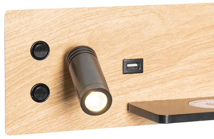 Sada 2 nástěnných lamp černá se dřevem včetně LED s USB a indukční nabíječkou - Riza