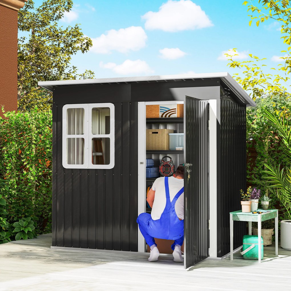 Zahradní Kůlna Outsunny 2,55m², Kůlna s Pultovou Střechou, 221 x 133 x 190/173 cm, Nářaďová Kůlna s Zamykatelnými Dveřmi, Okno, Garáž na Kolo, Ocelov…