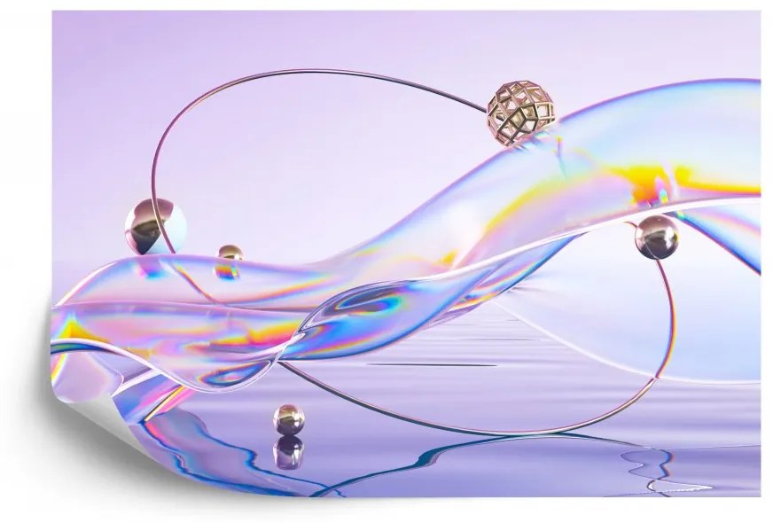 Fototapeta Abstract 3D Render. Glass Ribbon On Water With Geometric Circle And Spheres. Holographic Shape In Motion. Iridescent Digital Art For Banner Background, Wallpaper. Transparent Glossy Design Element. Vliesová tapeta 104x70.5