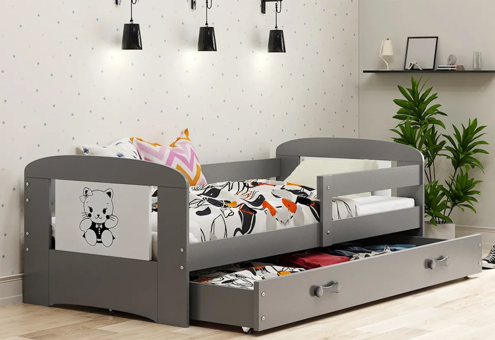 Expedo Dětská postel PHILIP P1 + matrace + rošt ZDARMA, 80x160 cm, grafit/kočka