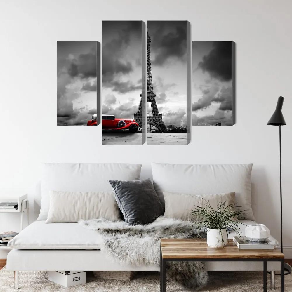 Vícedílný obraz Černobílý Pohled Na Eiffelovu Věž A Retro Auto Nedostatek Nedostatek Plátno Canvas 200x150
