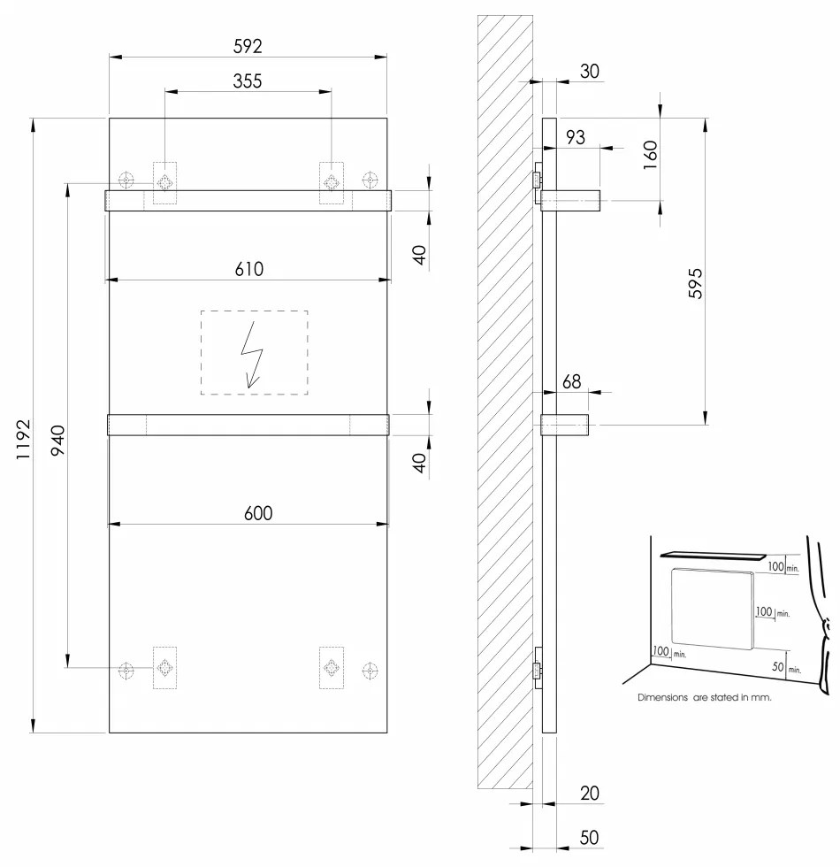 Sapho ENIS koupelnový sálavý topný panel 600W, 590x1200 mm, držáky ručníků, IP44, černá mat RH600B-2