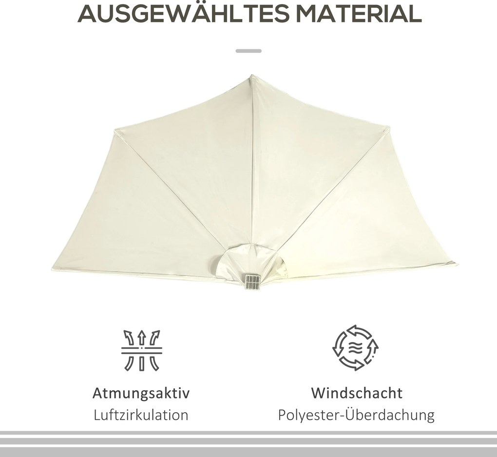 Slunečník Outsunny 265x240 cm, půlkruhový slunečník s LED diodami, půlkruhový slunečník na terasu s ruční klikou a solárním panelem, kov, béžová | Ao…
